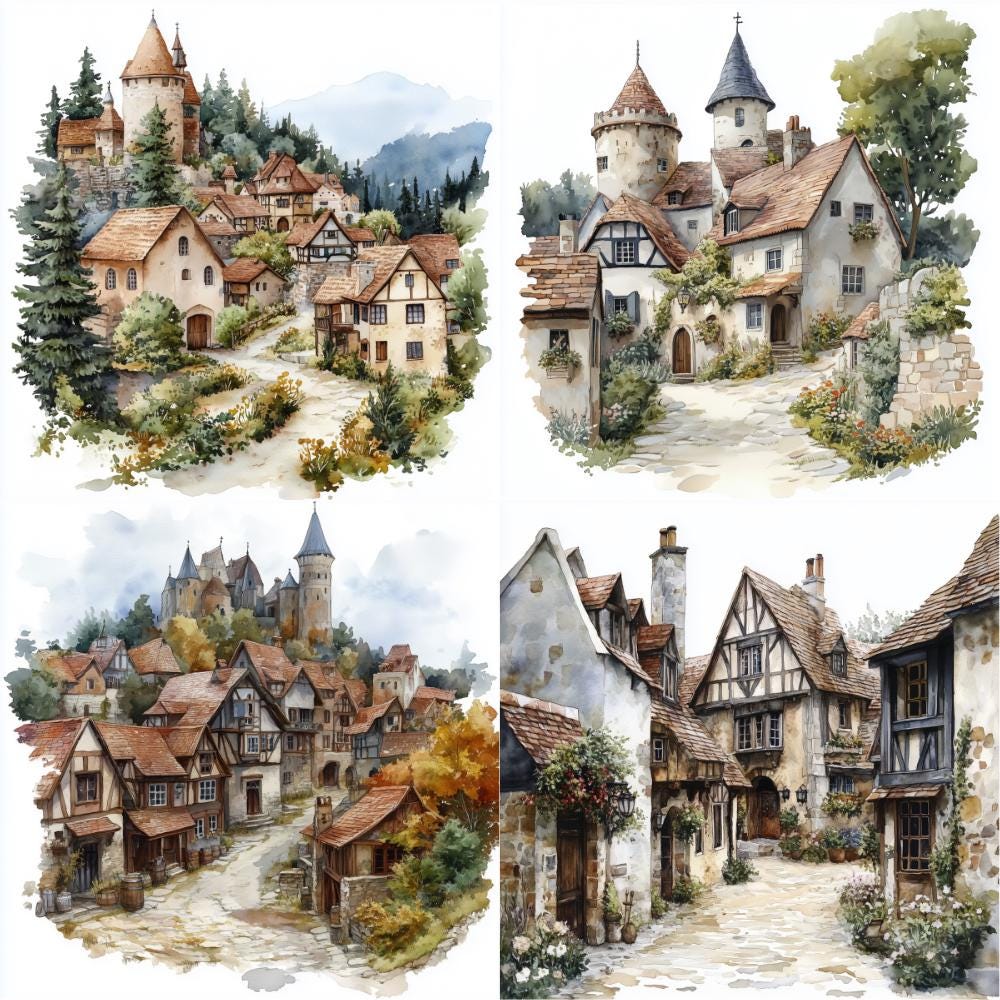 20 Medieval Village Watercolor Clipart JPG, Digital Download, Junk ...