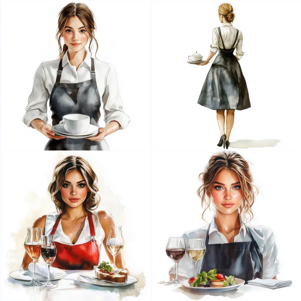 18 Woman Waitress Watercolor Clipart JPG, Digital Download, Junk ...