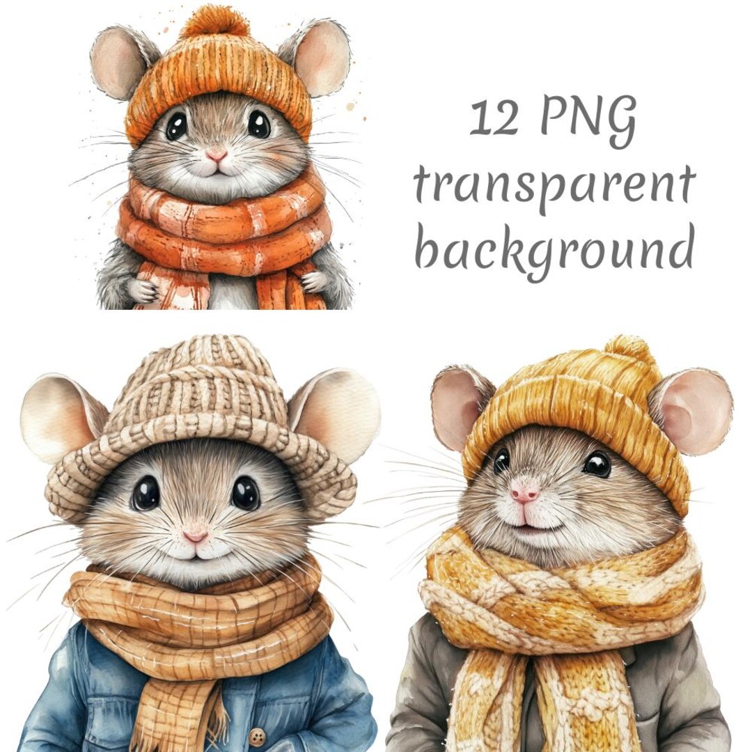 12 Mouse in Hat and Scarf Clipart PNG. Digital Download, Junk Journals ...