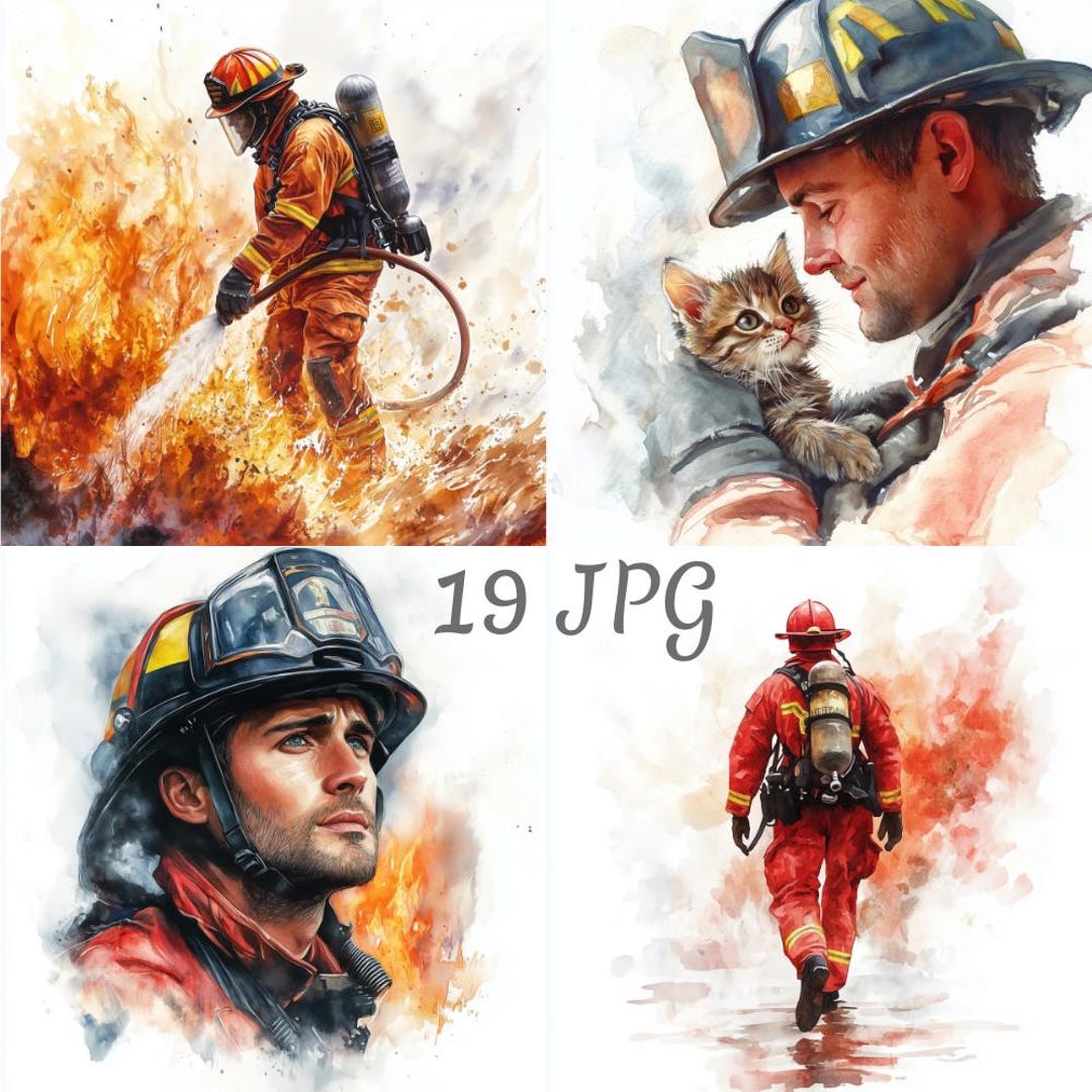 19 Firefighter Watercolor Clipart JPG, Digital Download, Junk Journals ...