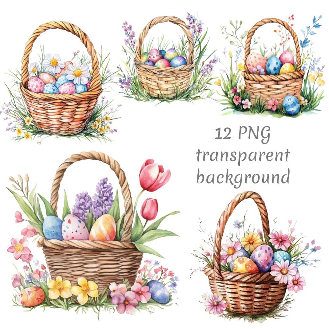 12 Easter Basket Clipart PNG. Watercolor Basket Clipart, Pastel ...