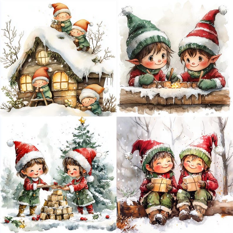 38 Christmas Elves Watercolor Clipart JPG, Digital Download, Junk ...