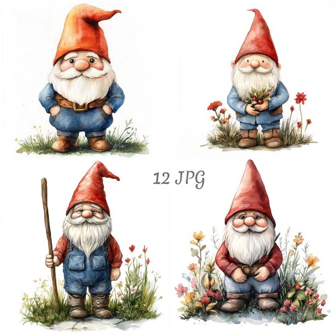 12 Garden Gnome Clipart JPG, Watercolor Gnome Clipart, Digital Download ...