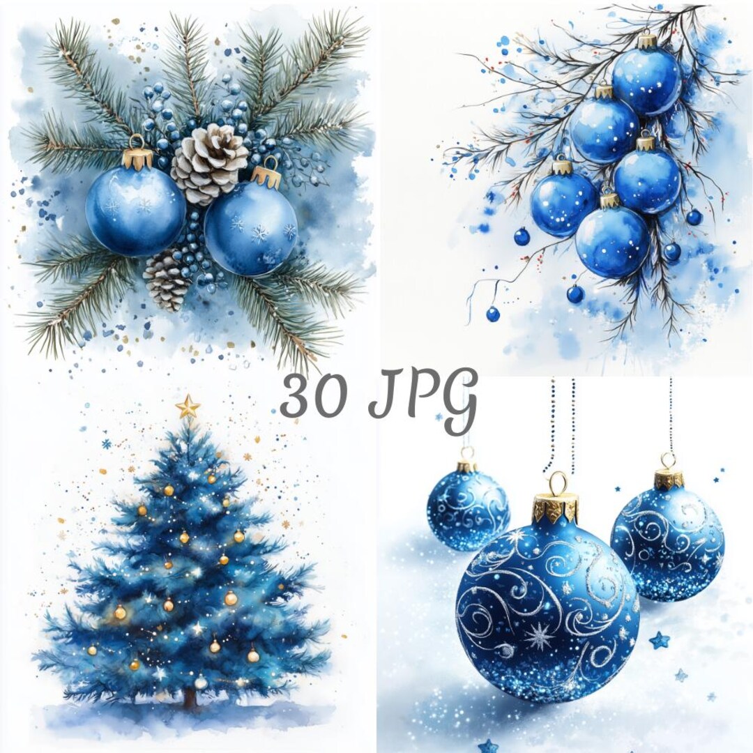 30 Blue Christmas Watercolor Clipart JPG, Digital Download, Junk ...