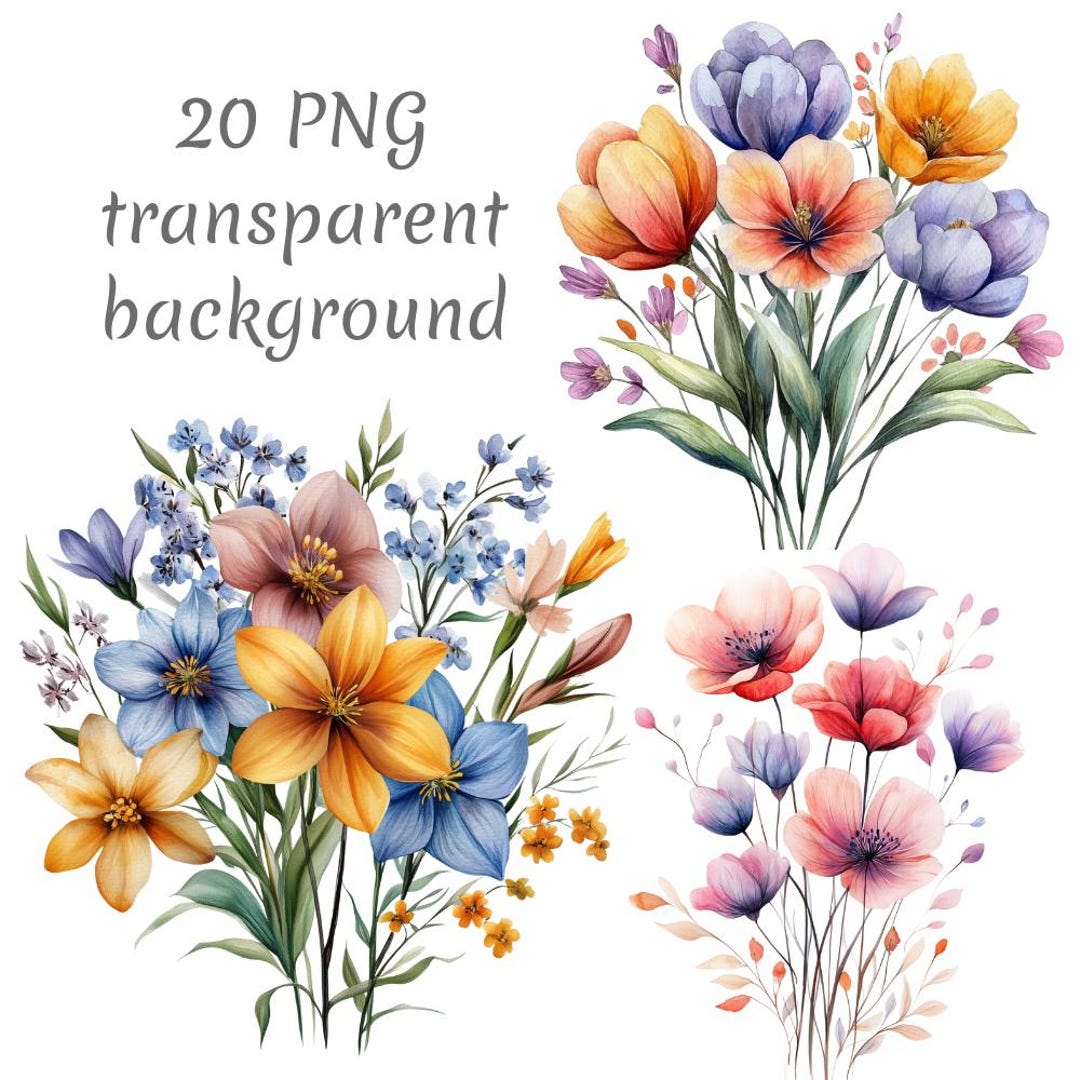 20 Watercolor Spring Flowers Clipart PNG. Digital Download, Junk ...