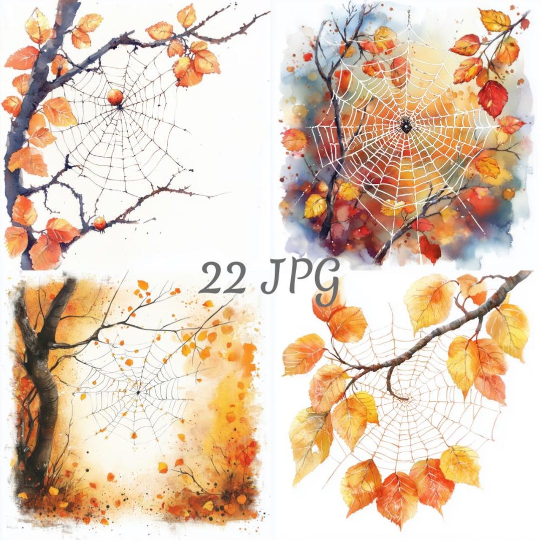 22 Autumn Spider Web Watercolor Clipart JPG, Digital Download, Junk ...