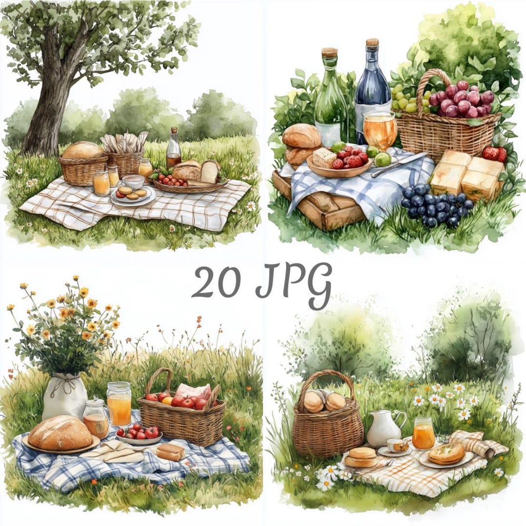 20 Summer Picnic Watercolor Clipart JPG, Digital Download, Junk ...