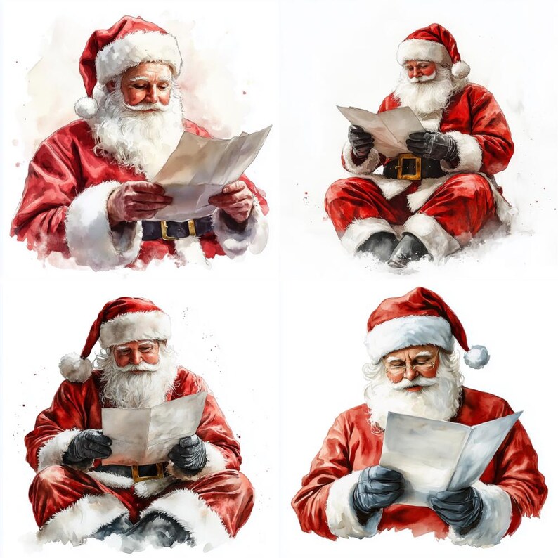 15 Santa Reading Letters Watercolor Clipart JPG, Digital Download, Junk ...