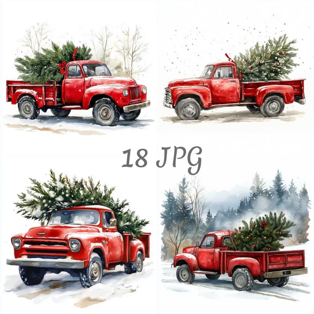 18 Red Pickup Truck Carrying Christmas Tree Watercolor Clipart JPG ...