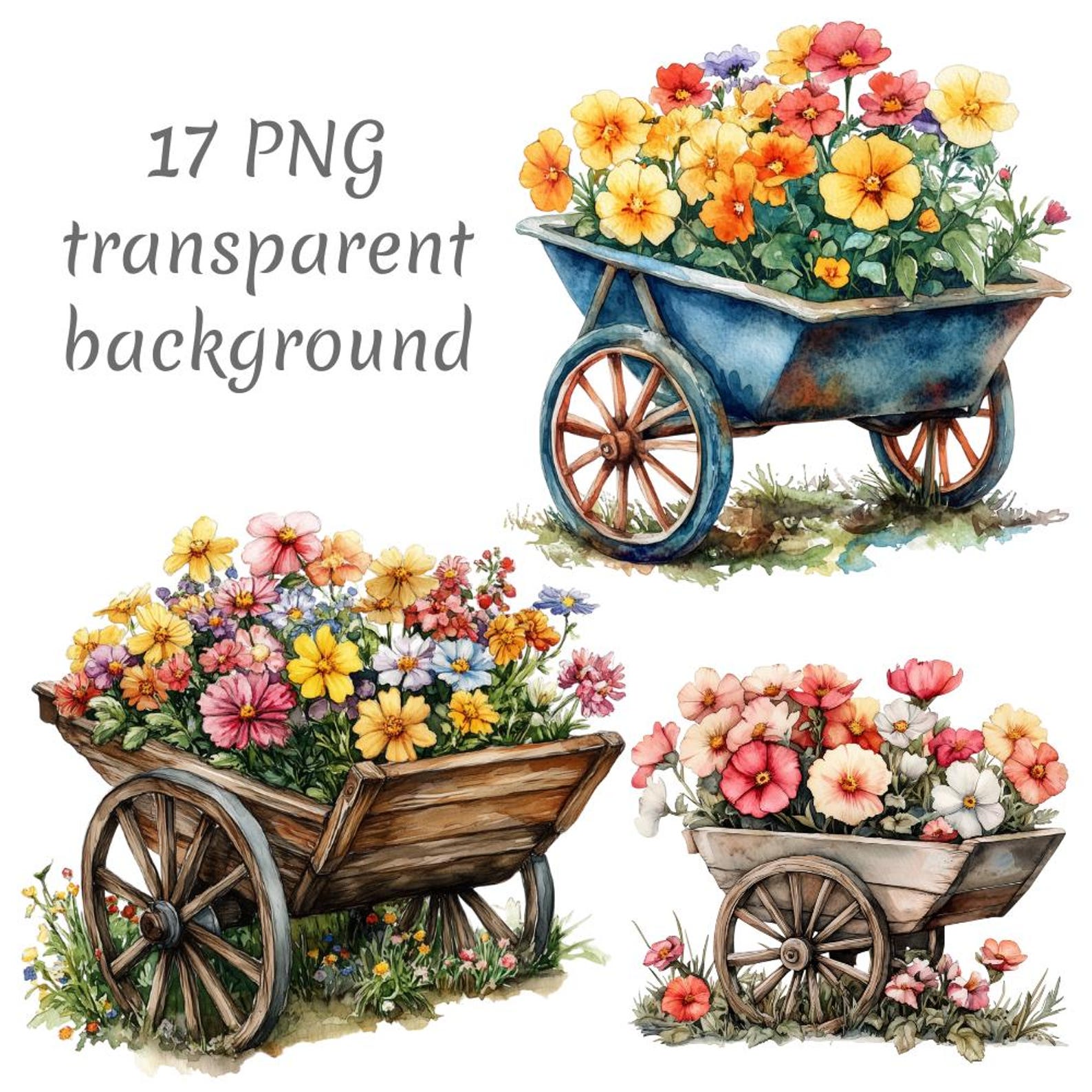 17 Flower Wheelbarrow Watercolor Clipart PNG. Digital Download, Junk ...