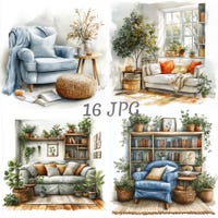 Living Room Clipart Bundle 15 High Quality Jpgs,watercolor Home Decor ...