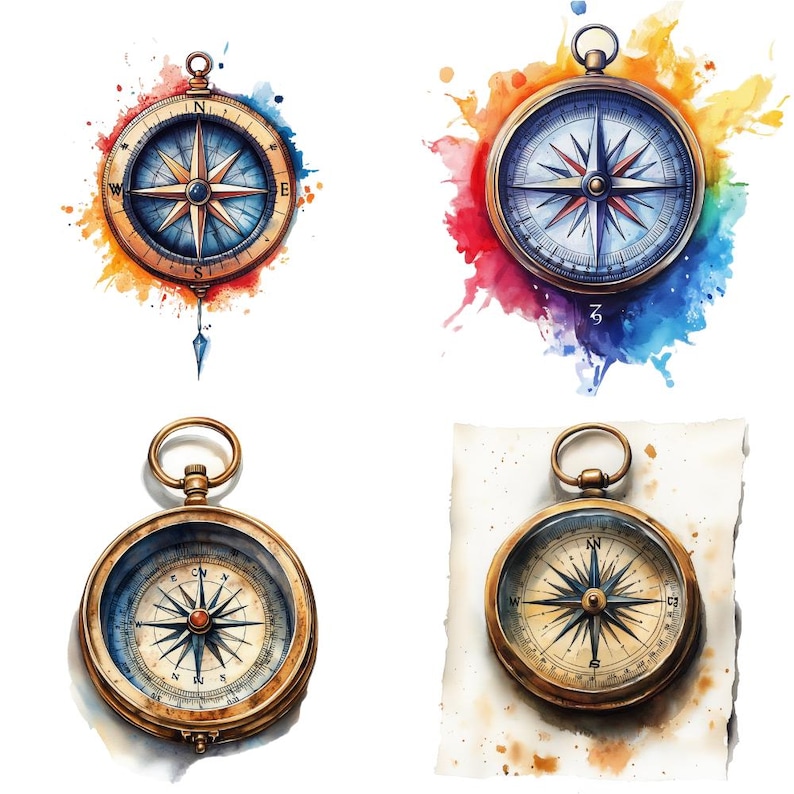 16 Compass Watercolor Clipart PNG, Digital Download, Junk Journals ...