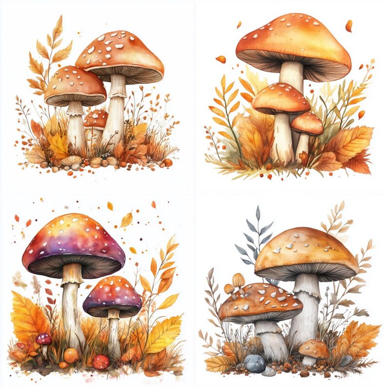 20 Autumn Forest Mushroom Watercolor Clipart JPG, Digital Download ...