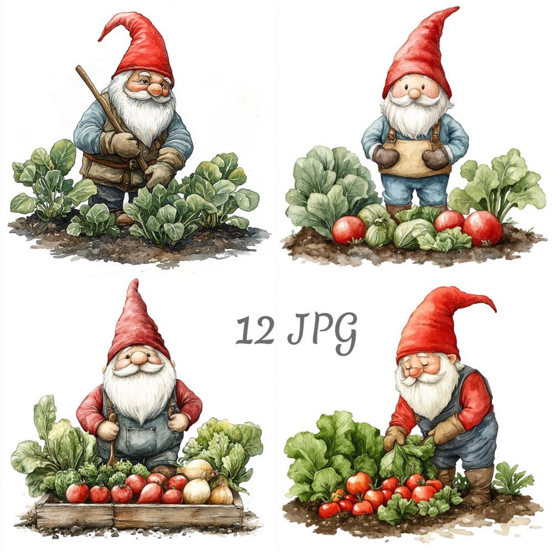 12 Garden Gnome Harvesting Vegetables JPG, Watercolor Clipart, Digital ...