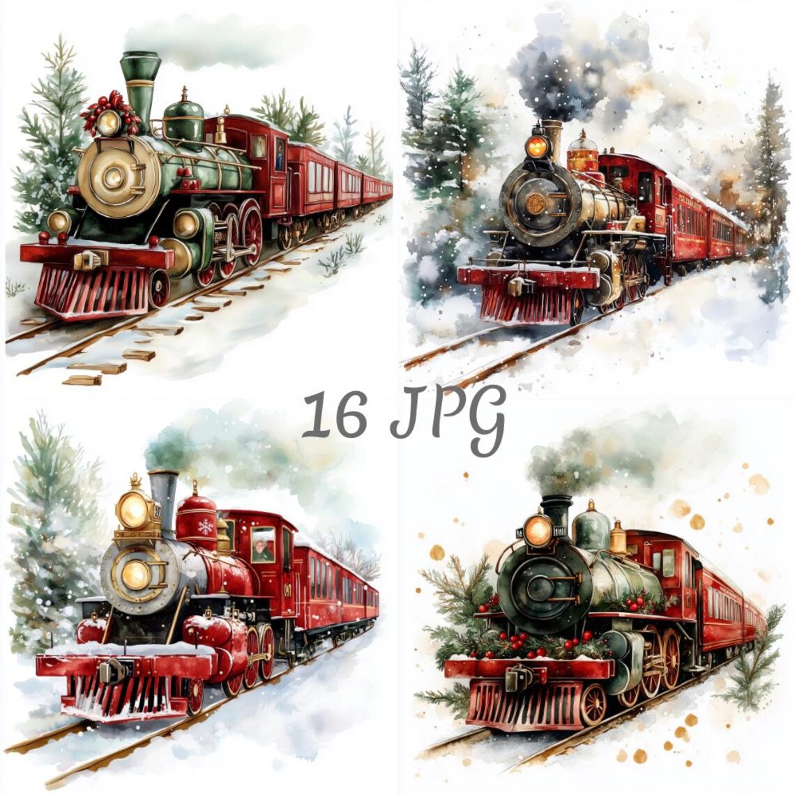 16 Christmas Train Watercolor Clipart JPG, Digital Download, Junk ...