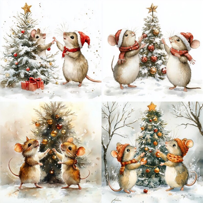 18 Christmas Party Mice Watercolor Clipart JPG, Digital Download, Junk ...