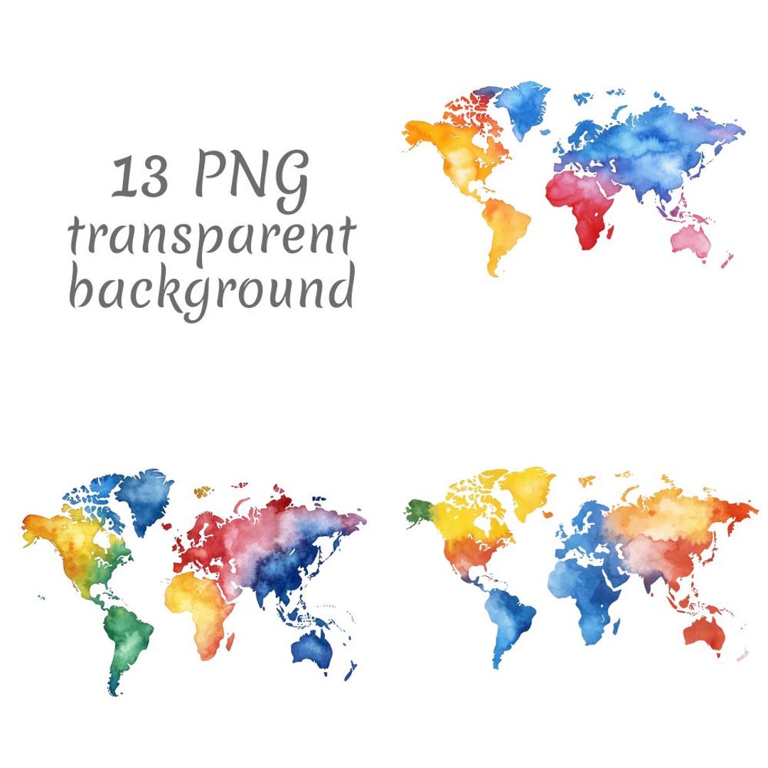13 Colorful World Map Watercolor Clipart JPG, Digital Download, Junk ...