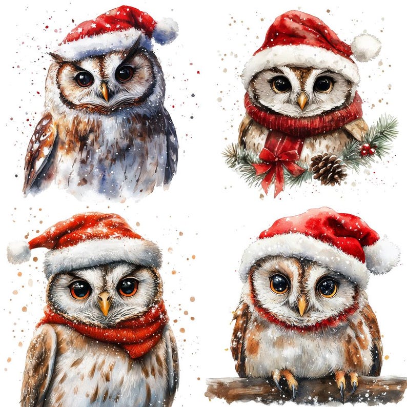 16 Christmas Owl Watercolor Clipart PNG. Digital Download Junk Journals ...