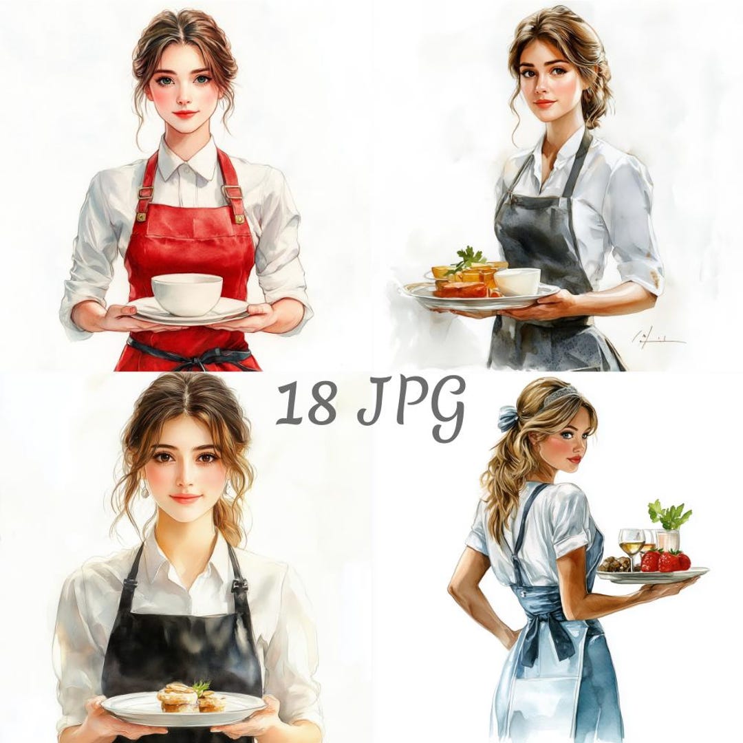 18 Woman Waitress Watercolor Clipart JPG, Digital Download, Junk ...