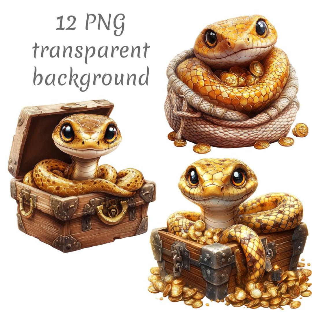 12 Cute Snake on Treasure Clipart PNG. Digital Download Junk Journals ...