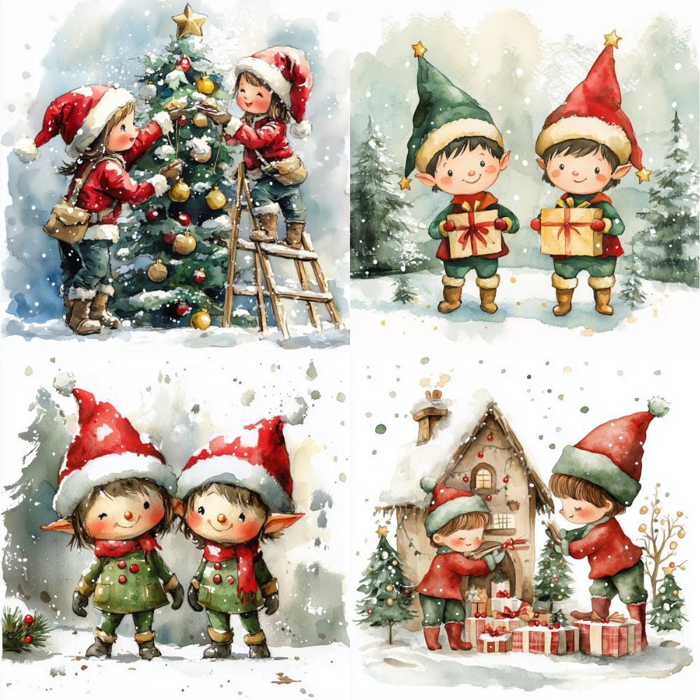 38 Christmas Elves Watercolor Clipart JPG, Digital Download, Junk ...