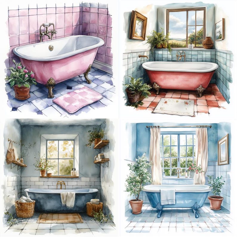 20 Cozy Bathroom Watercolor Clipart Set JPG, Digital Download, Junk ...