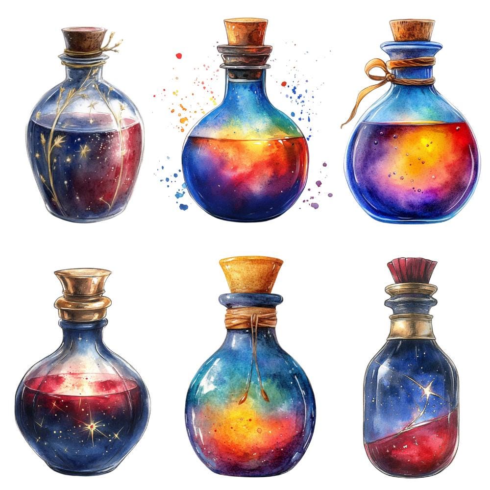 20 Fantasy Bottle of Magic Potion PNG, Watercolor Clipart, Digital ...