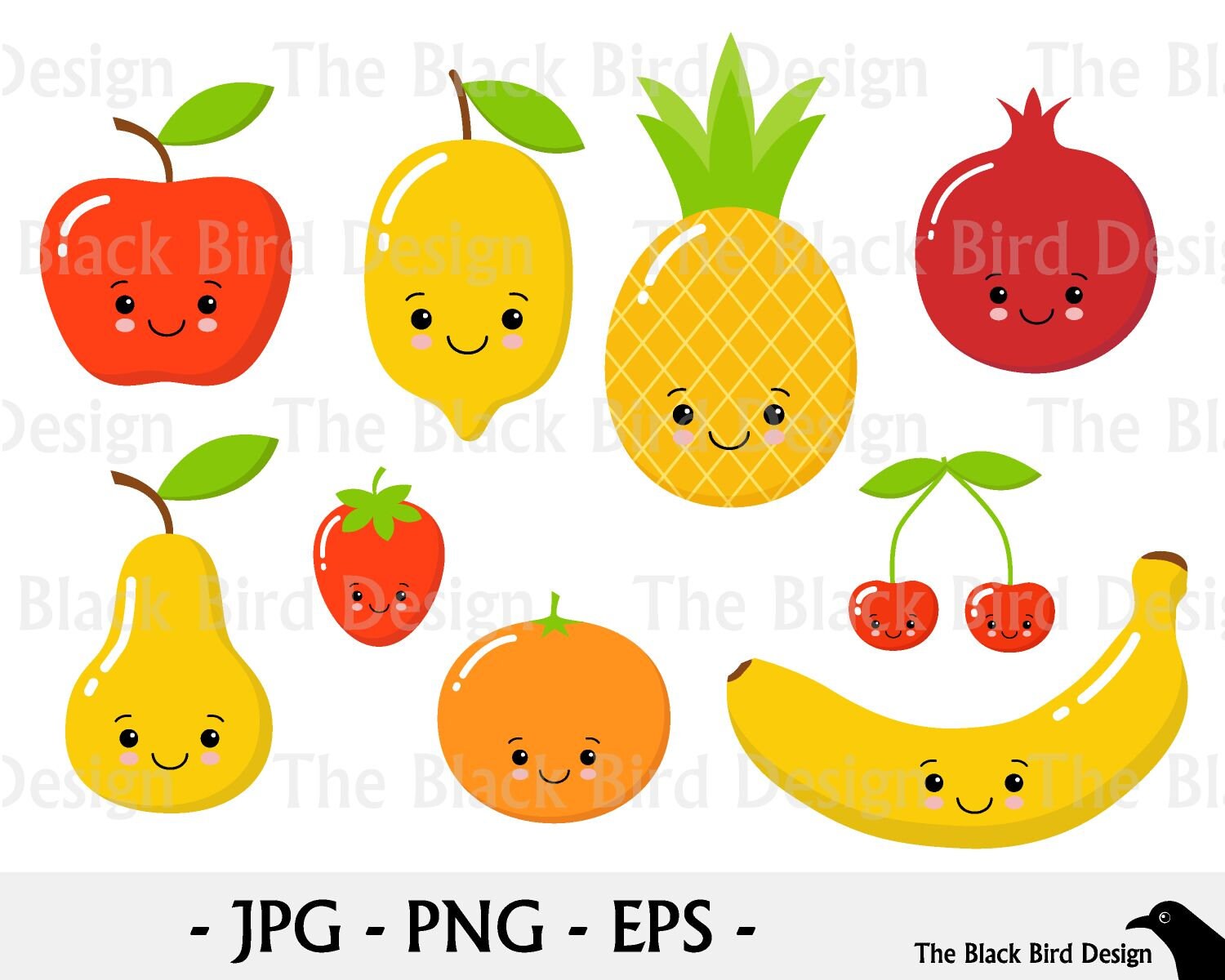 Set of Cute Fruit, Apple, Pineapple, Lemon, Cherry, Banana, Strawberry ...