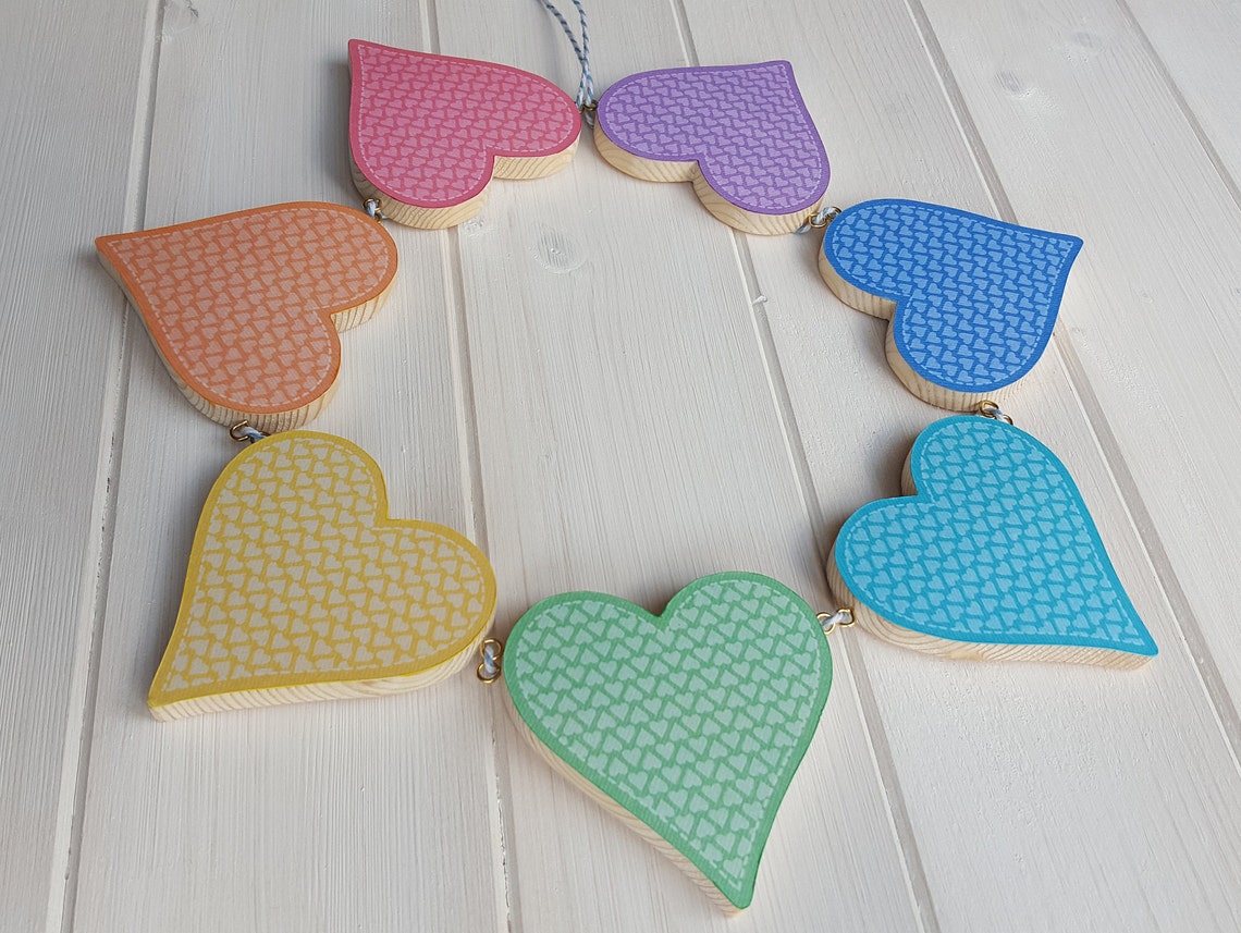 Rainbow Heart Bunting, Wood Decoupage Hearts, Wooden Heart Garland ...
