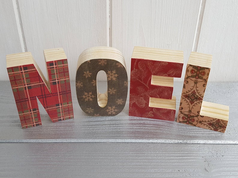 Freestanding Wood Block NOEL Sign, Handcrafted Wooden Decoupage Letters ...