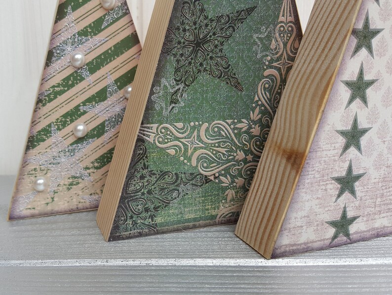 Wooden Decoupage Christmas Green Tree Trio Three Festive Wood - Etsy
