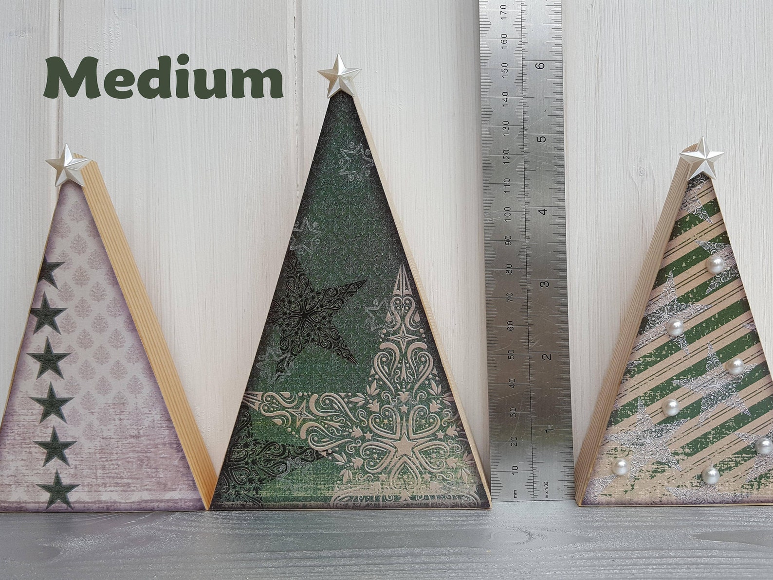Wooden Decoupage Christmas Green Tree Trio Three Festive Wood - Etsy