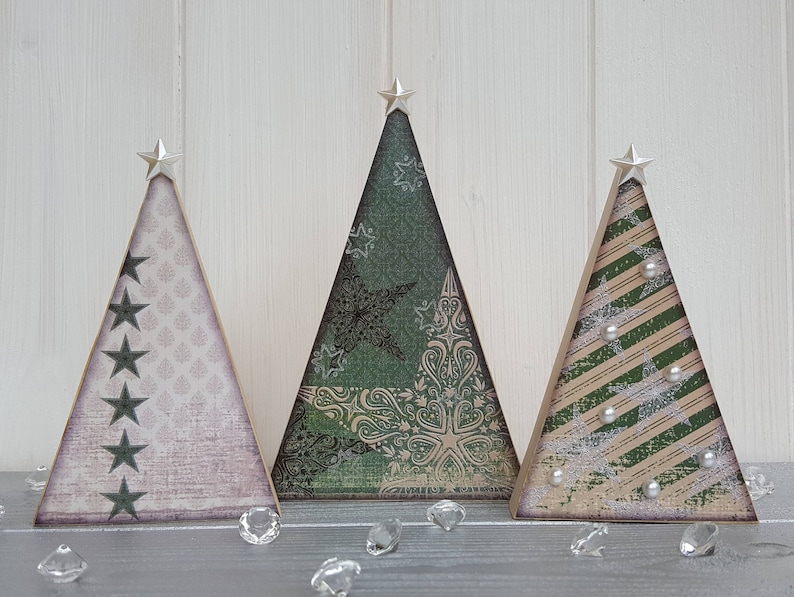 Wooden Decoupage Christmas Green Tree Trio Three Festive Wood - Etsy