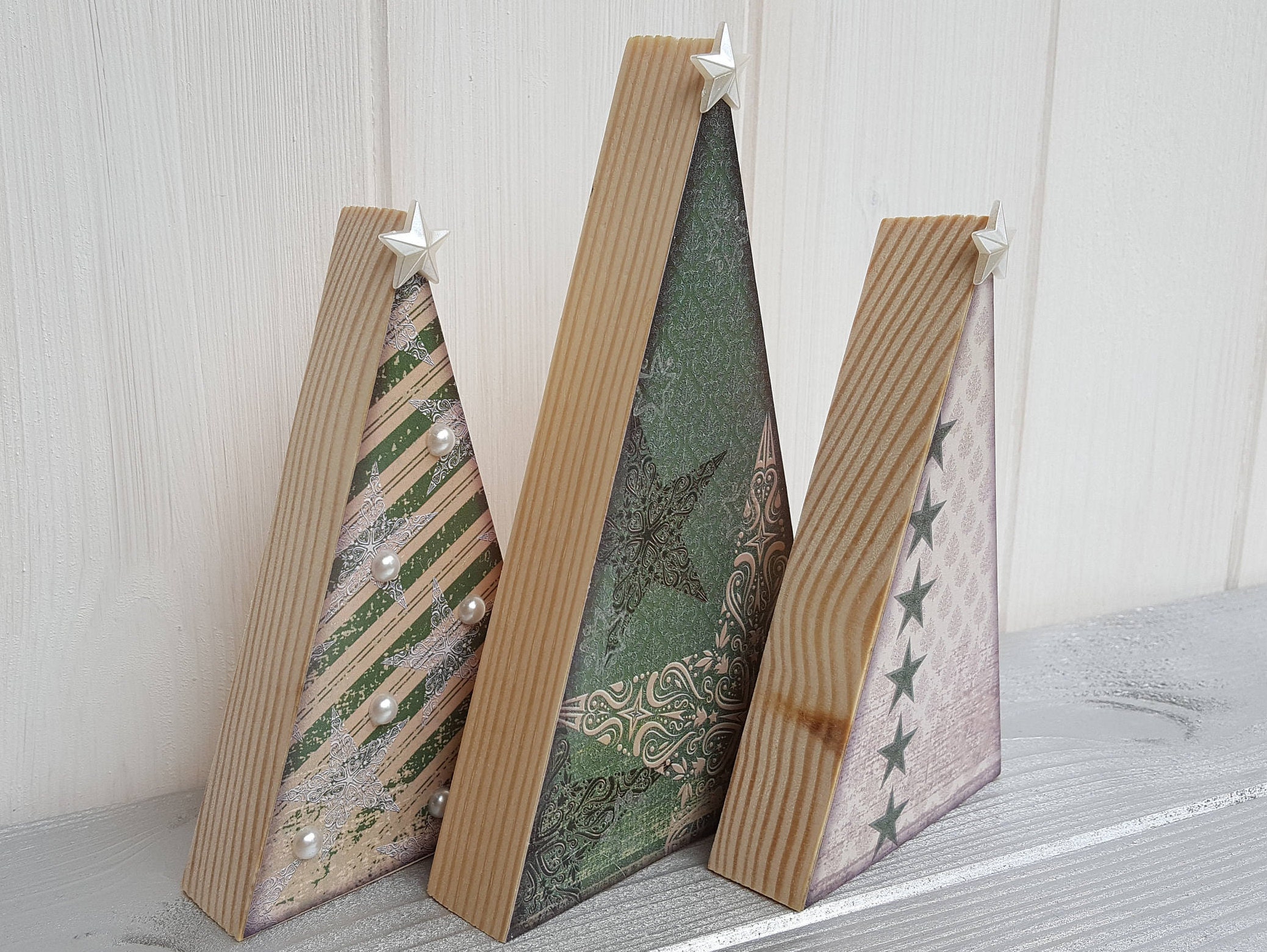 Wooden Decoupage Christmas Green Tree Trio, Three Festive Wood Trees ...