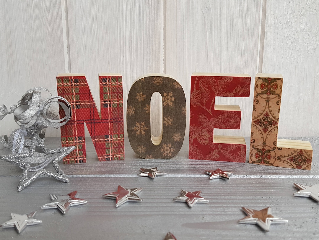 Freestanding Wood Block NOEL Sign, Handcrafted Wooden Decoupage Letters ...