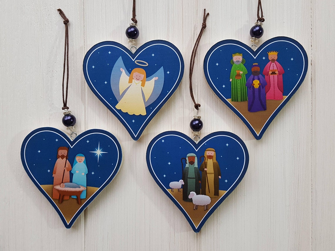 Set of 4 Nativity Themed Hanging Heart Decorations Christmas | Etsy