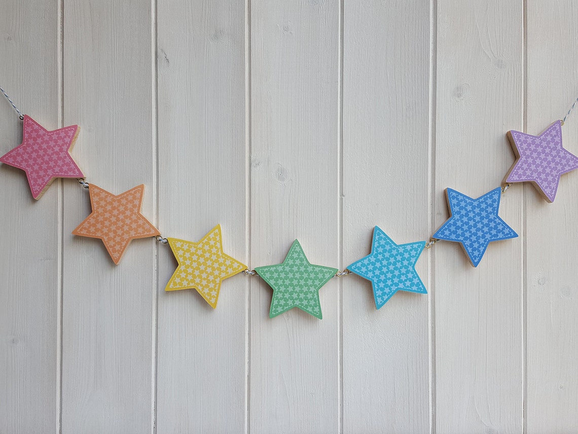 Rainbow Star Bunting Wood Decoupage Stars Wooden Star - Etsy