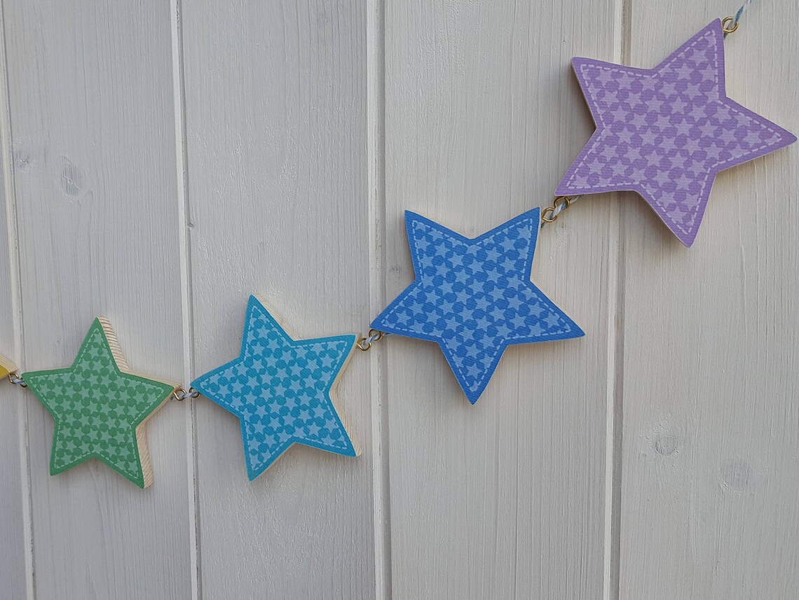 Rainbow Star Bunting Wood Decoupage Stars Wooden Star - Etsy