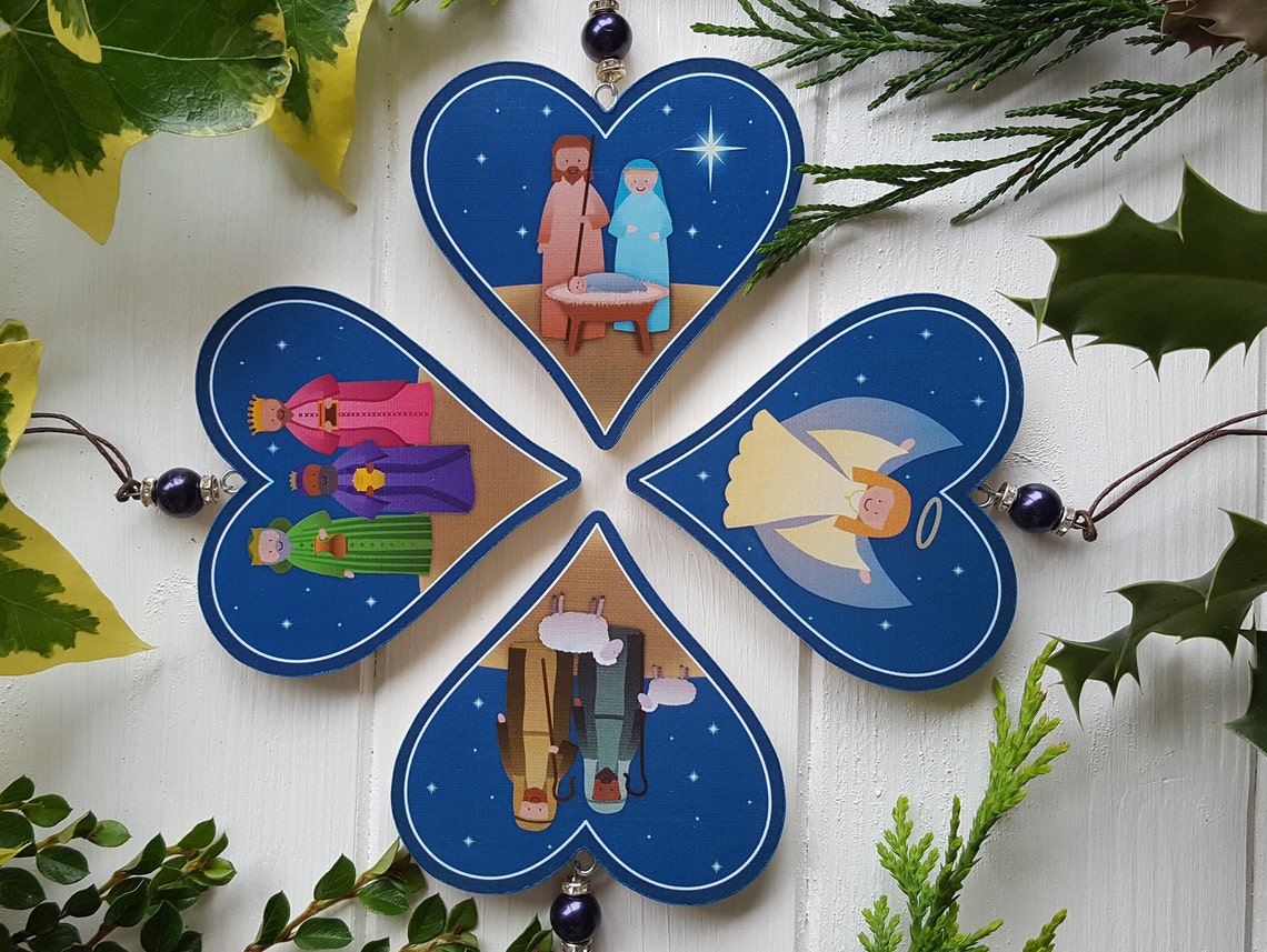 Set of 4 Nativity Themed Hanging Heart Decorations Christmas | Etsy
