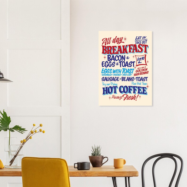 Retro UK Breakfast Menu Fine Art Poster, Blue, Cyan, Red, Typography ...