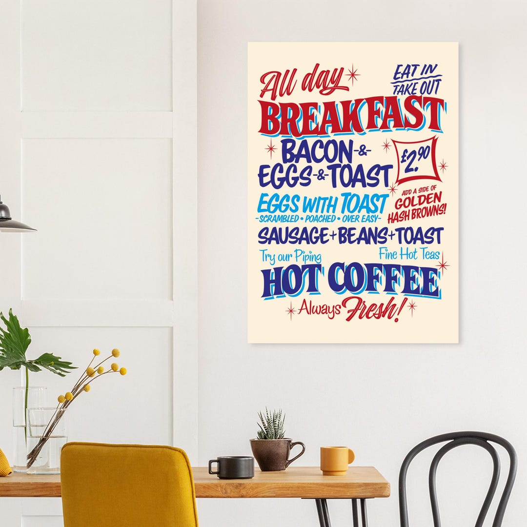 Retro UK Breakfast Menu Fine Art Poster, Blue, Cyan, Red, Typography ...