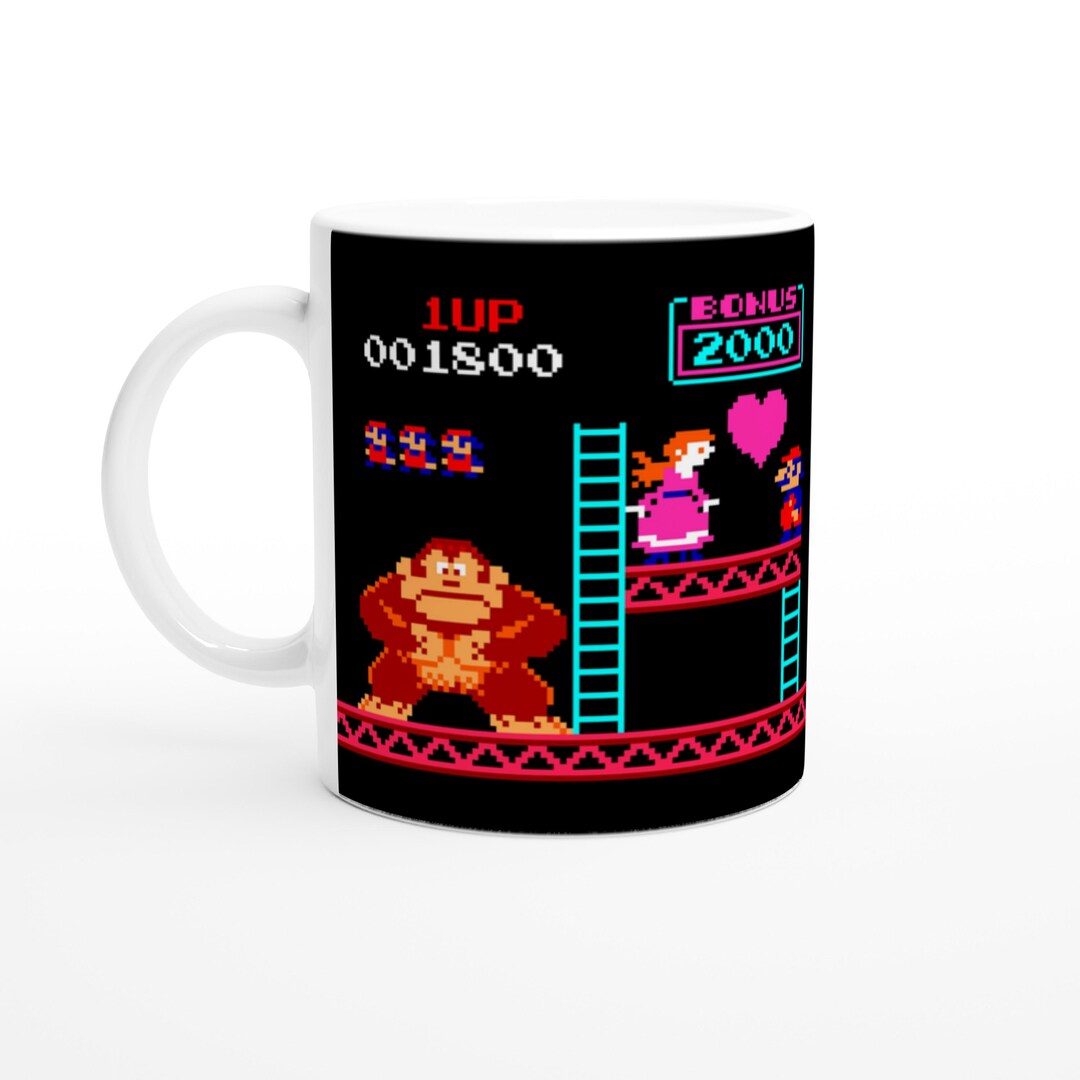 White Ceramic Mug (11oz) Featuring 8-bit Iconic Donkey Kong Video Game ...