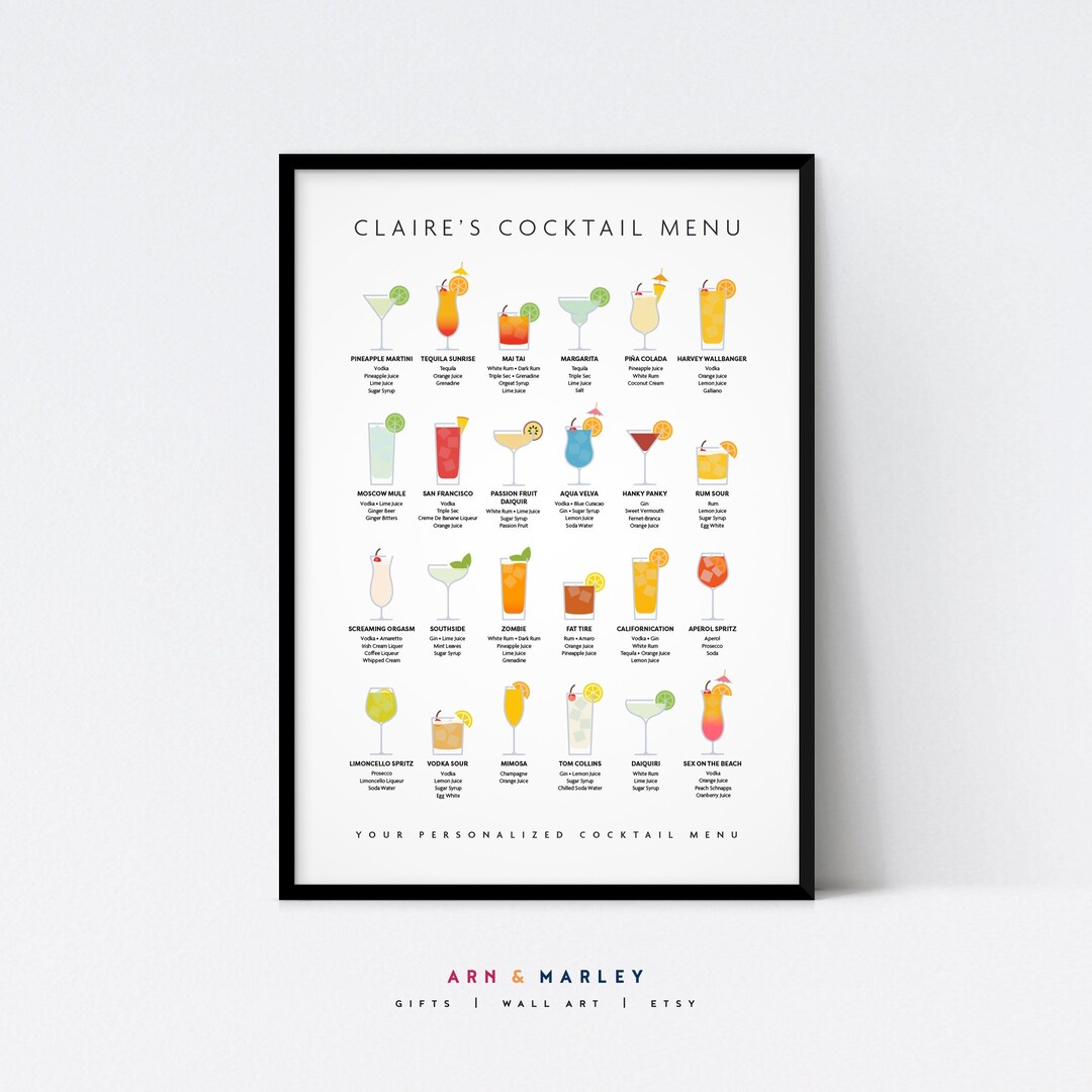 Personalized Cocktail Menu Art Your Custom List Of 12 Or 24 Etsy