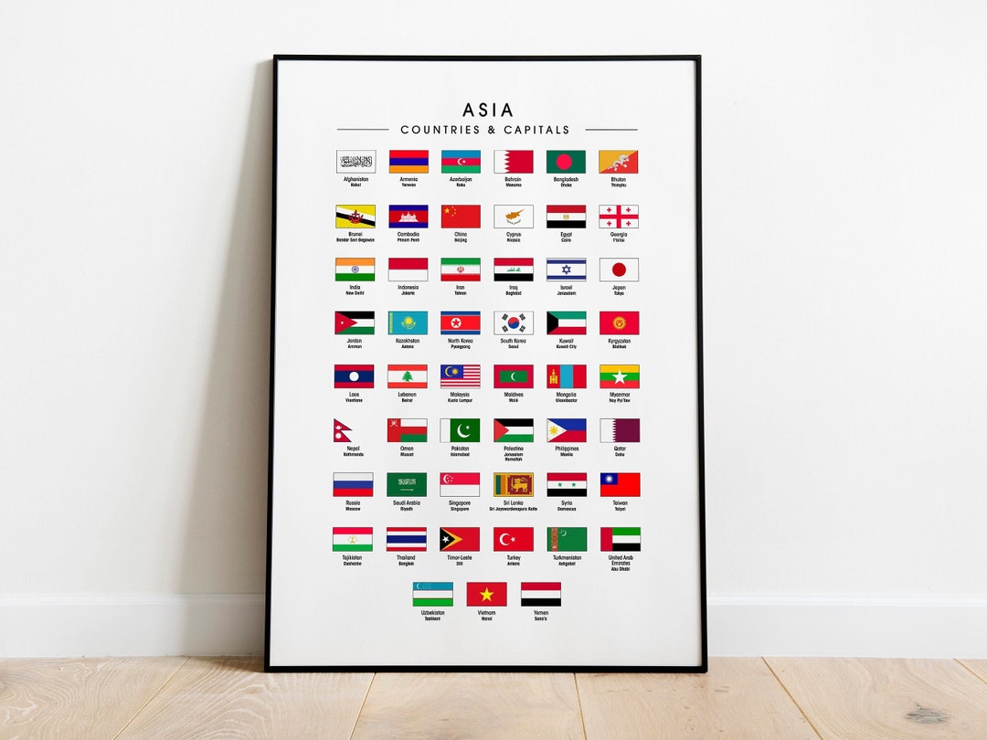 Asian Countries & Capitals, Flags of Asia Giclée Print, Framed Print ...