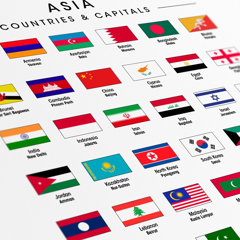 Asian Countries & Capitals Flags of Asia Shipped Giclée - Etsy