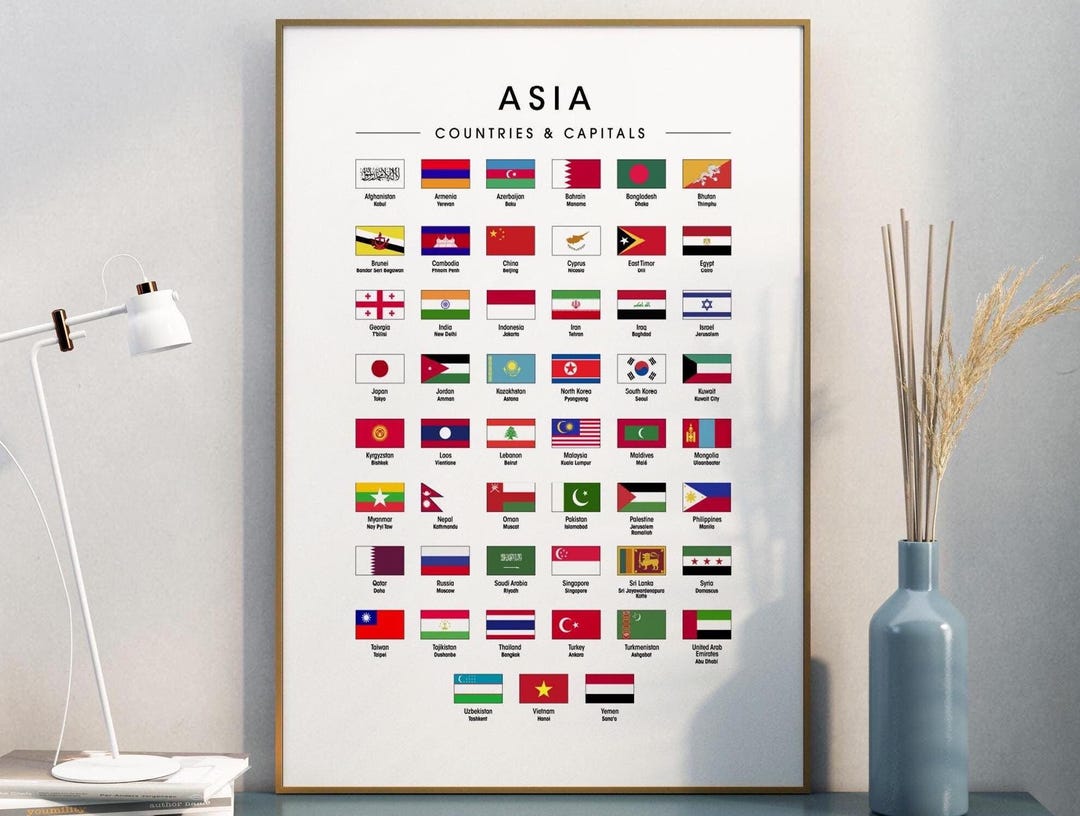 Asian Countries & Capitals, Flags of Asia - Shipped Giclée Print (paper ...