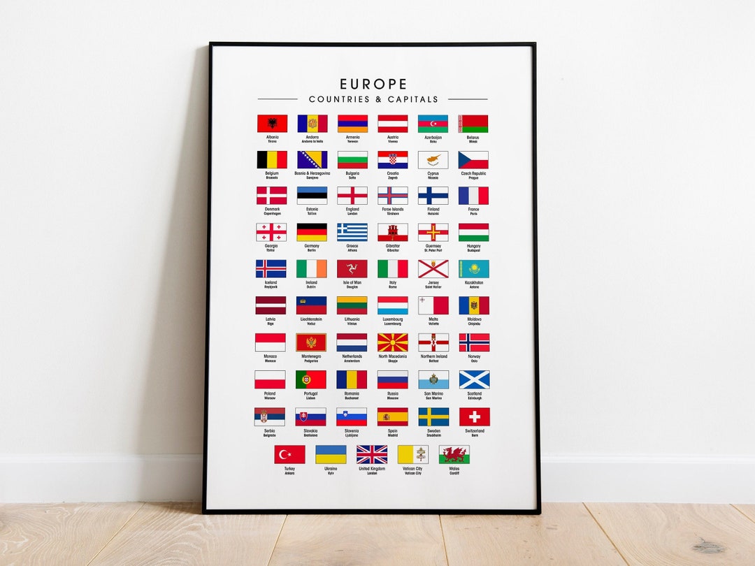 Flags of Europe, European Countries & Capitals Giclée Print, Framed ...