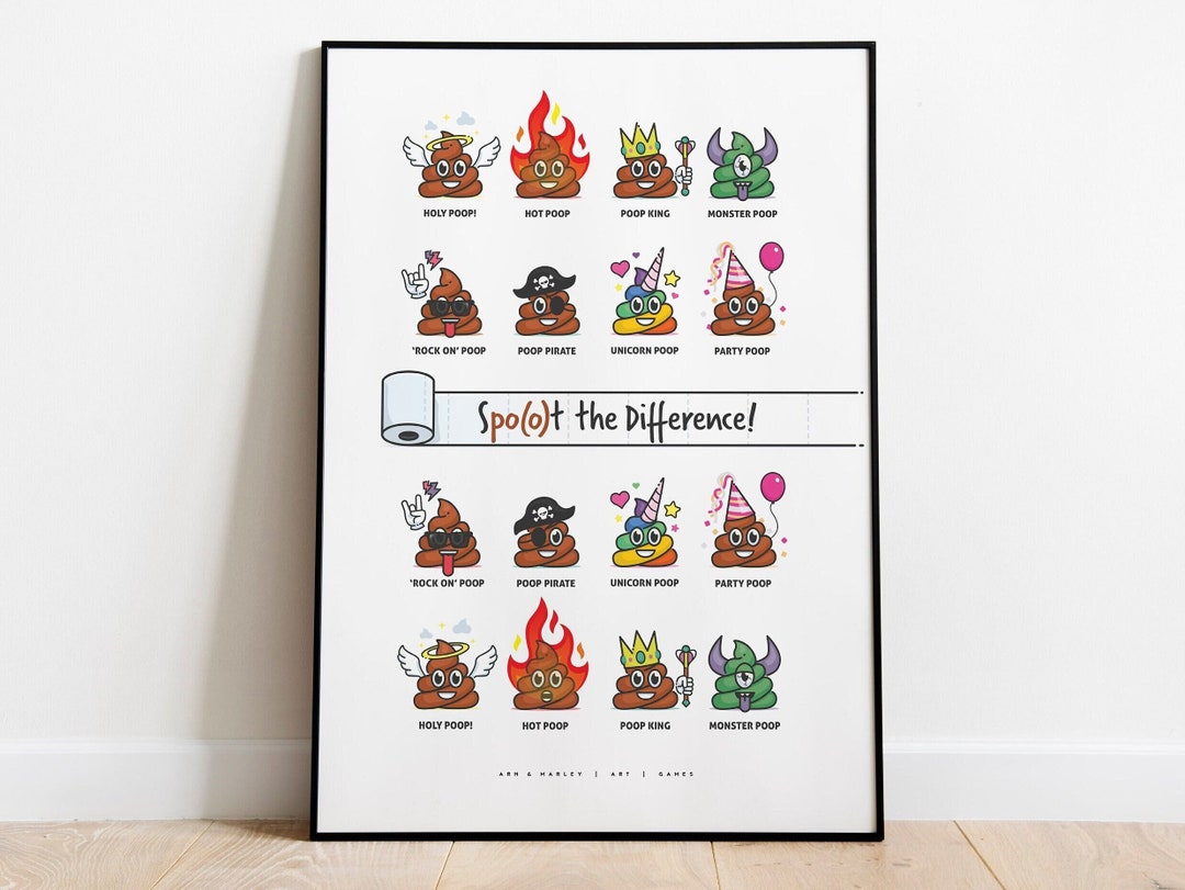 Poop Emoji Spot the Difference, Funny Toilet Art: Print, Frame, Canvas ...