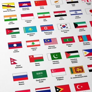 Asian Countries & Capitals Flags of Asia Giclée Print Framed Print or ...