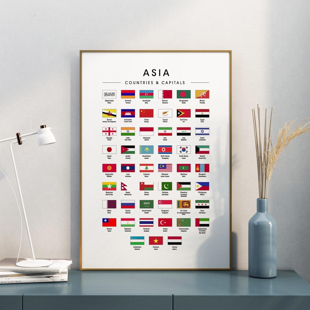 Asian Countries & Capitals, Flags of Asia: Print, Frame, Canvas or ...